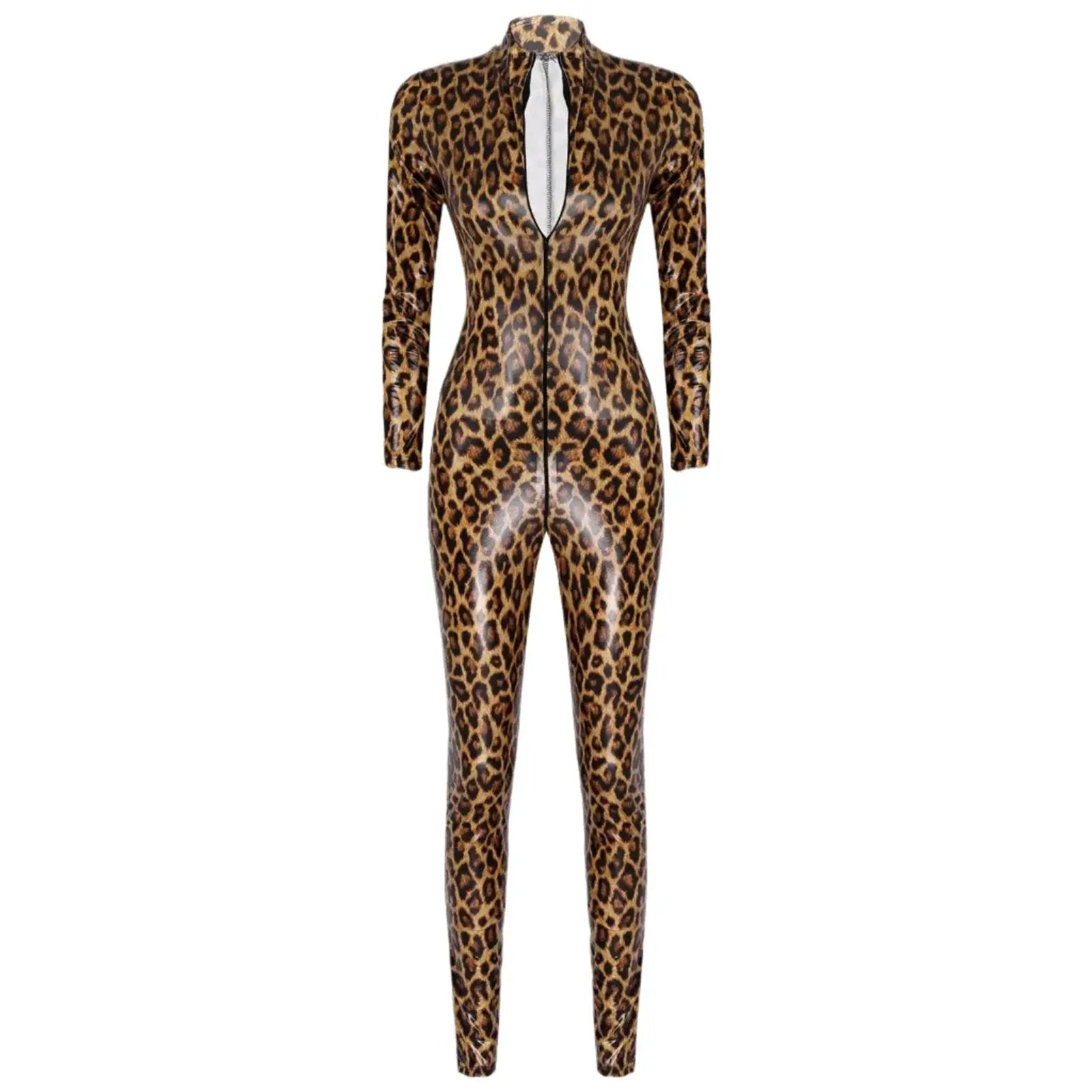 Leopard Print Leather Bodysuit - Lacy Nighty